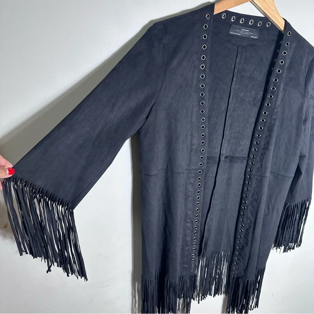 Zara | Jackets & Coats | Zara Black Fringe Openfront Jacket With Eyelet ...